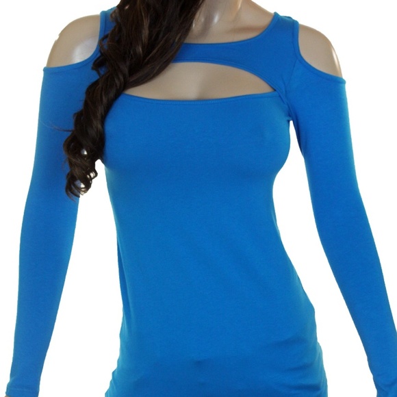 Abbie Lane | Tops | Turquoise Blue Long Sleeve Open Cold Shoulder Peek ...